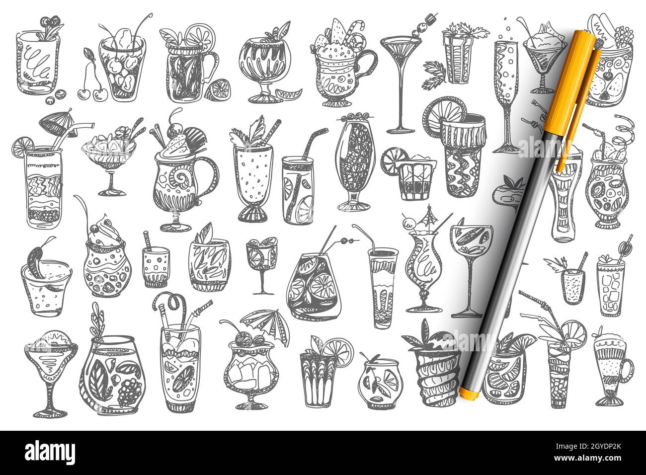 Cocktails doodle set. Collection of different alcoholic summer tropical ...