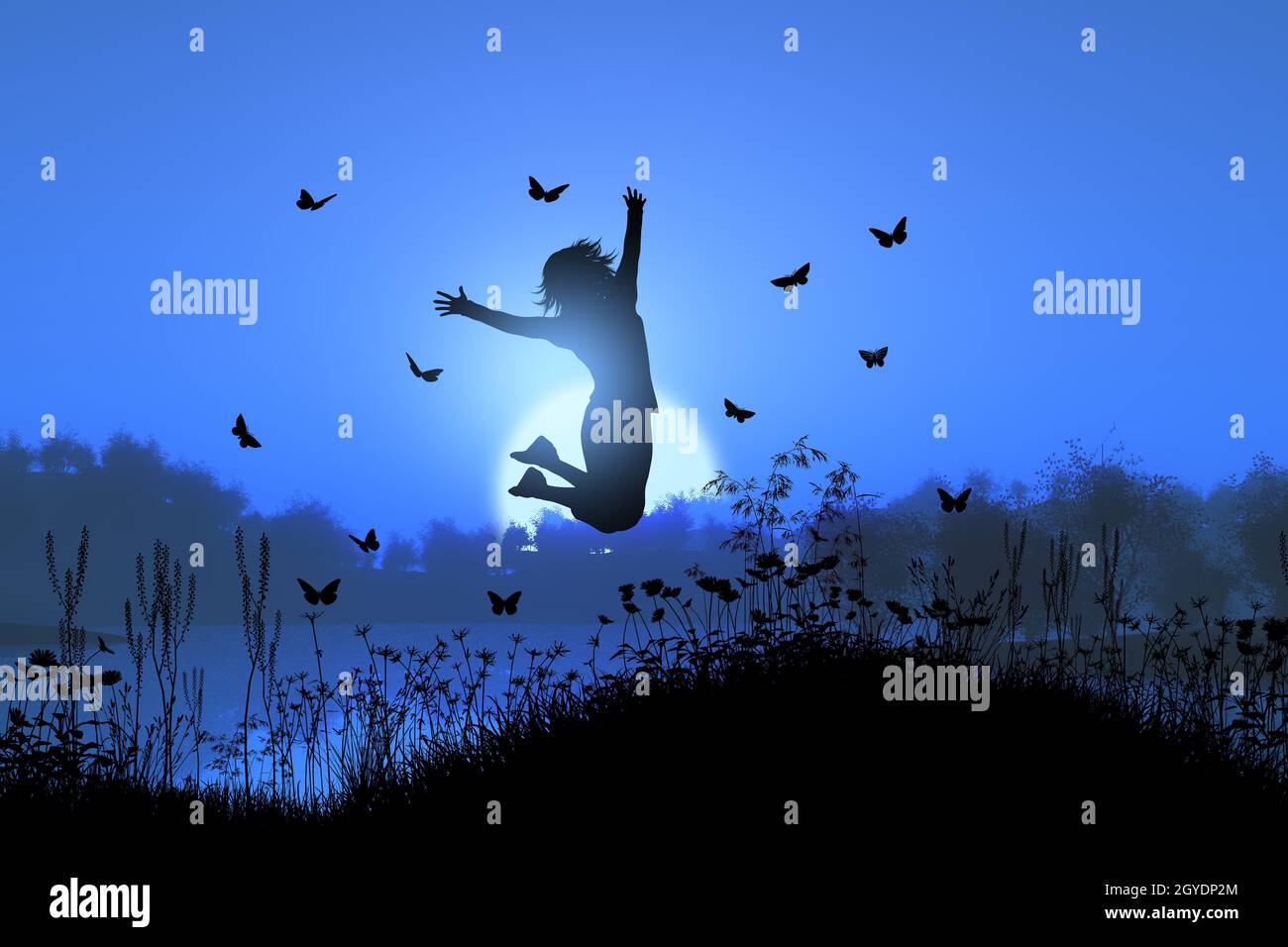 3D render of a female jumping in a sunset landscape with butterflies ...