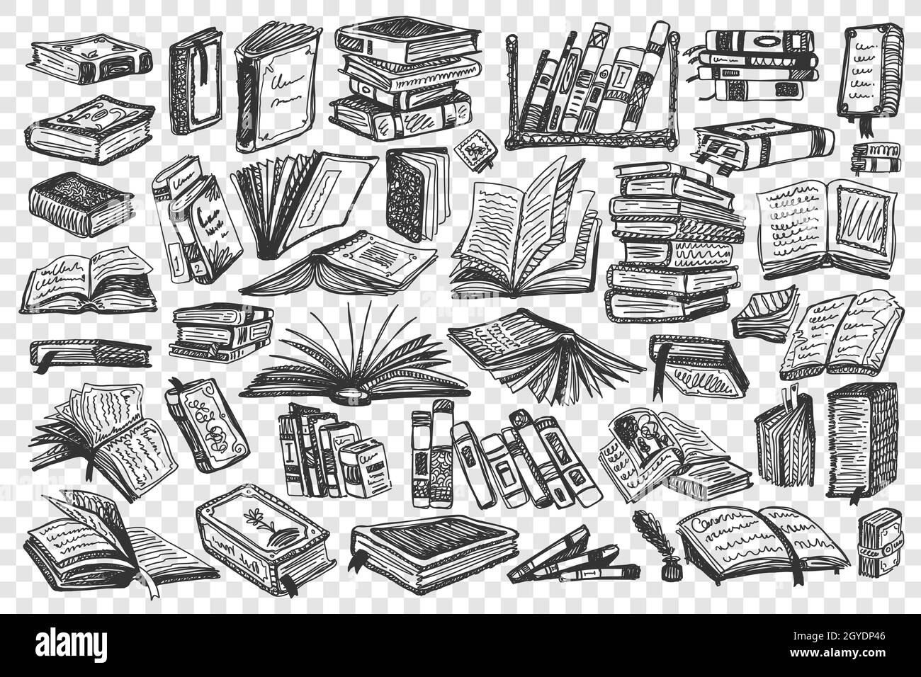 Books doodle set. Collection of book covers and pages of educational ...