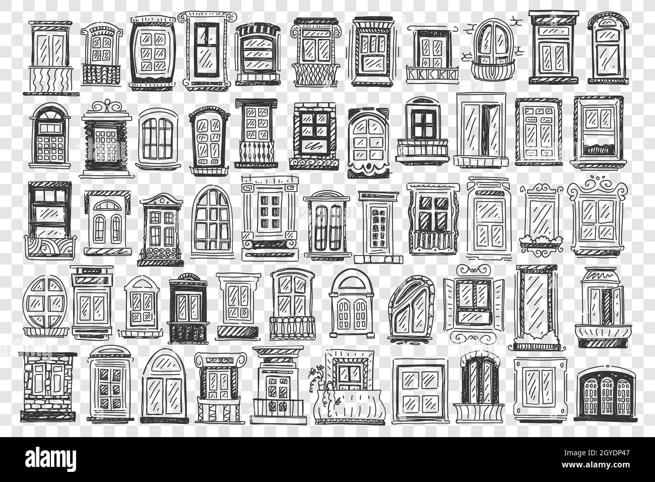 Windows doodle set. Collection of hand drawn of different size window ...