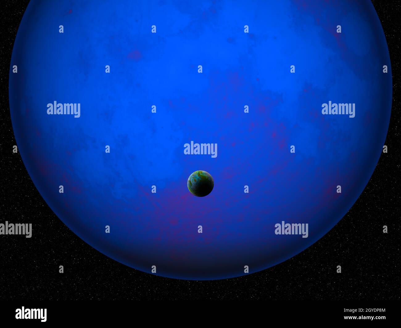 3D render of a fictional space scene with Earth like planet against ...
