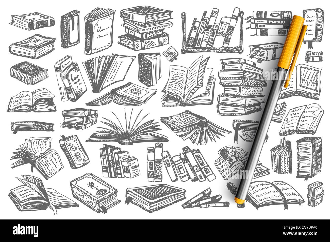 Books doodle set. Collection of book covers and pages of educational ...