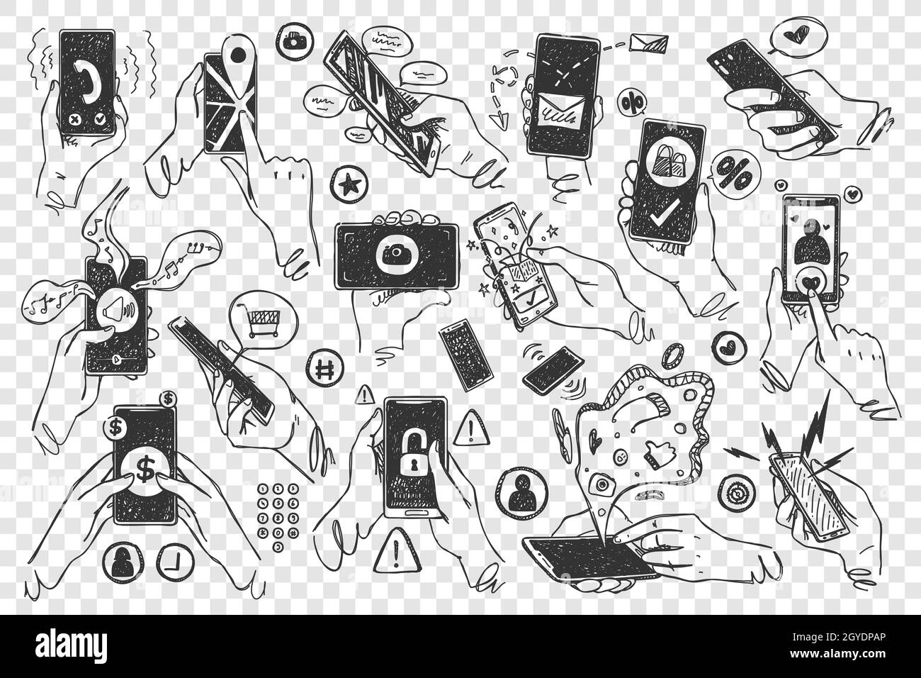 Hands with smartphones doodle set. Hand drawn human palms hold mobile phones touchscreen ...