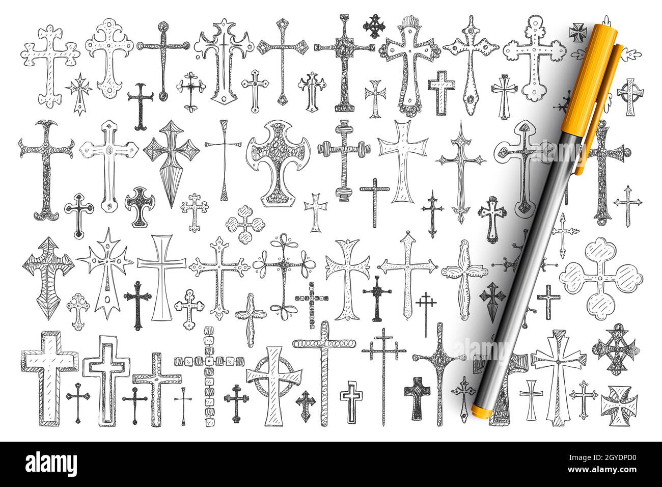 Various religious crosses doodle set. Collection of hand drawn crosses ...