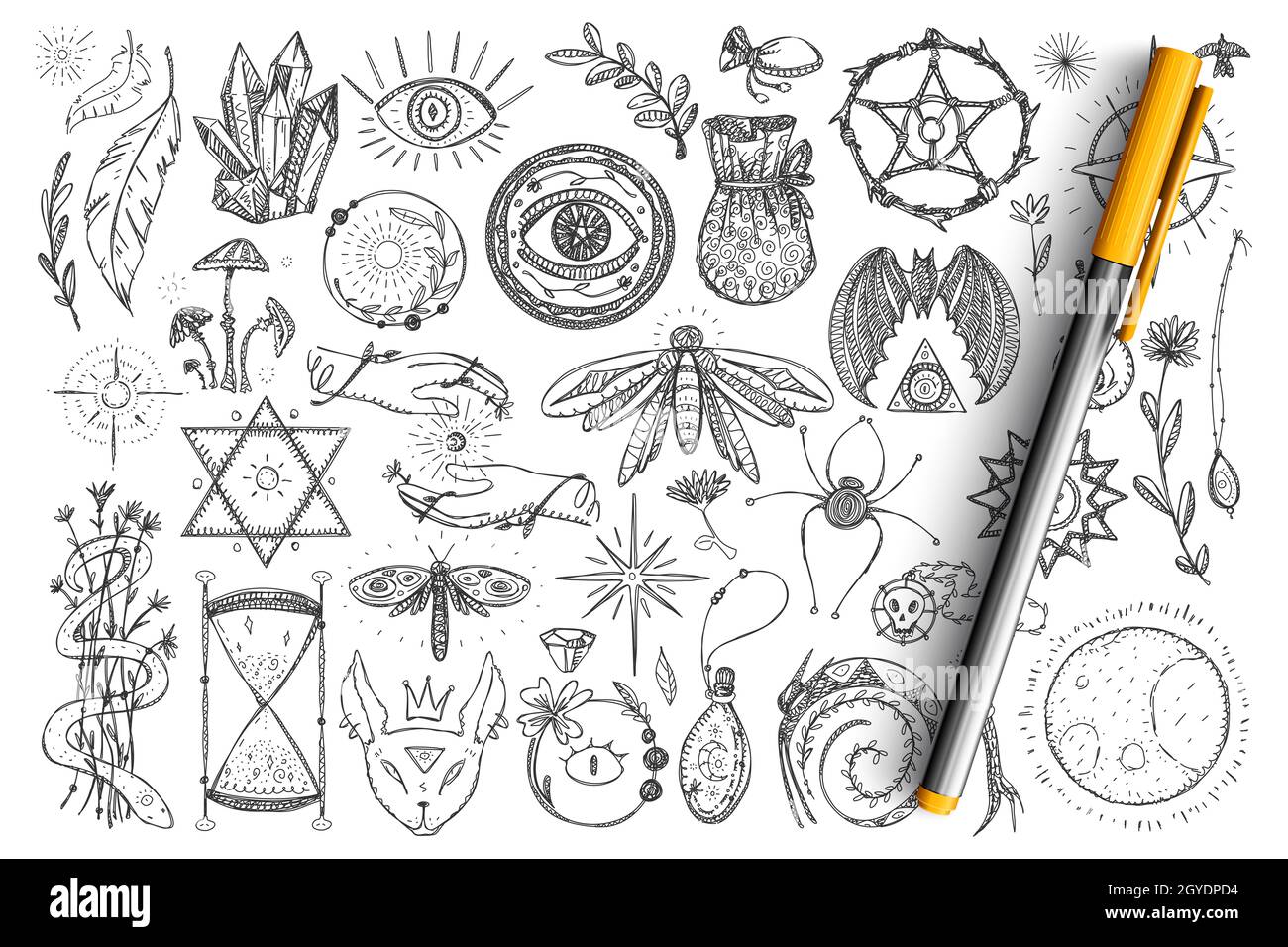 Magic and occult symbols doodle set. Collection of hand drawn spiritual ...
