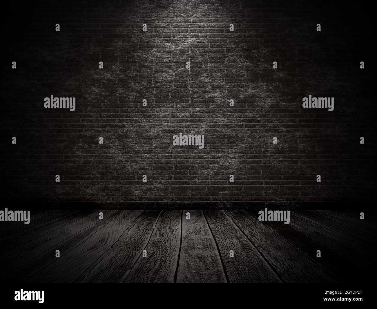 3D render of a grunge interior with brick wall and old wooden floor ...