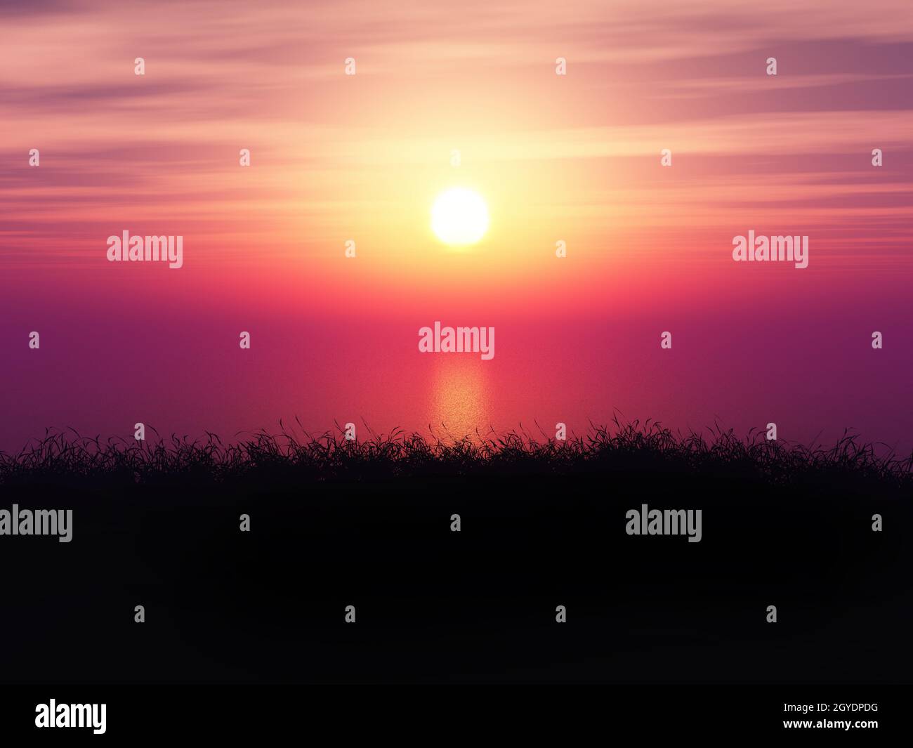 3D render of a grassy sunset landscape Stock Photo - Alamy