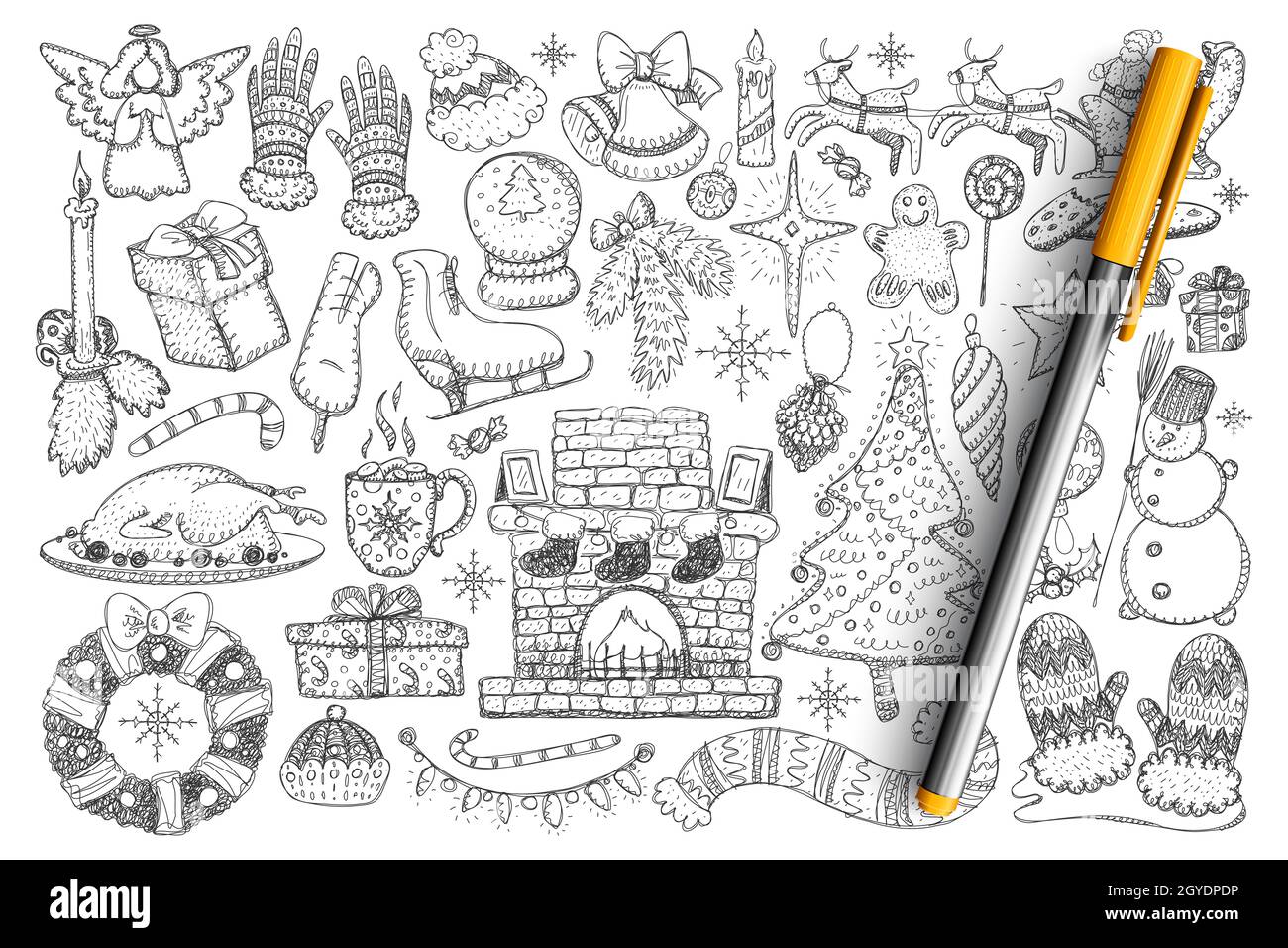 Christmas accessories and decorations doodle set. Collection of hand ...