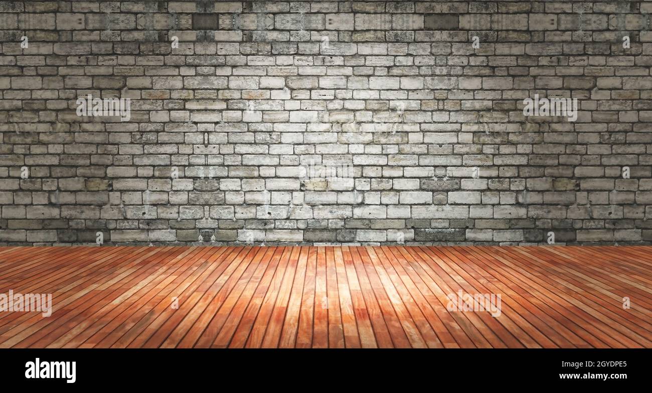 3D render of a grunge interior with brick wall and wood floor Stock ...