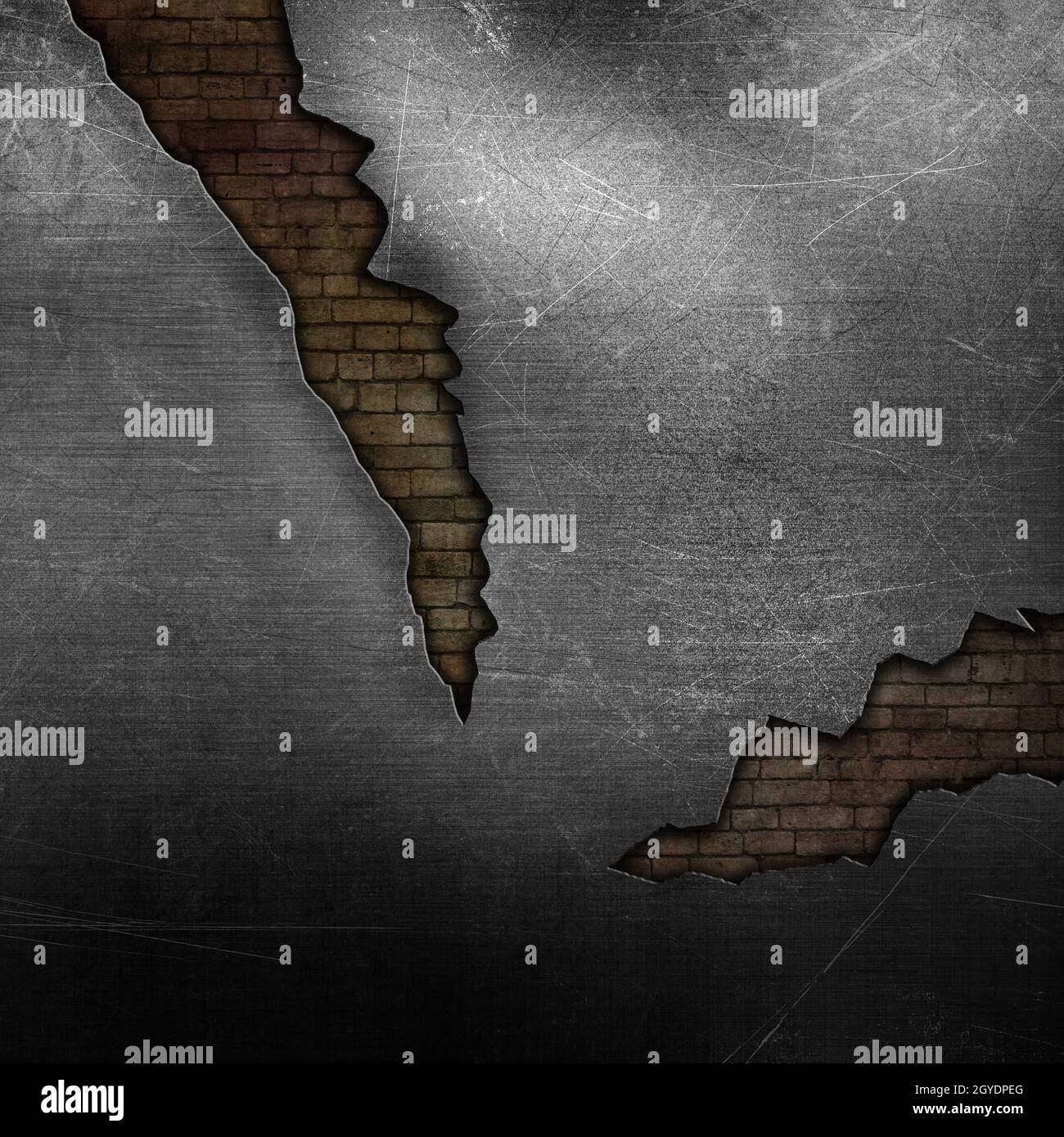 3D render of a grunge brick wall texture with cracked metal overlay ...