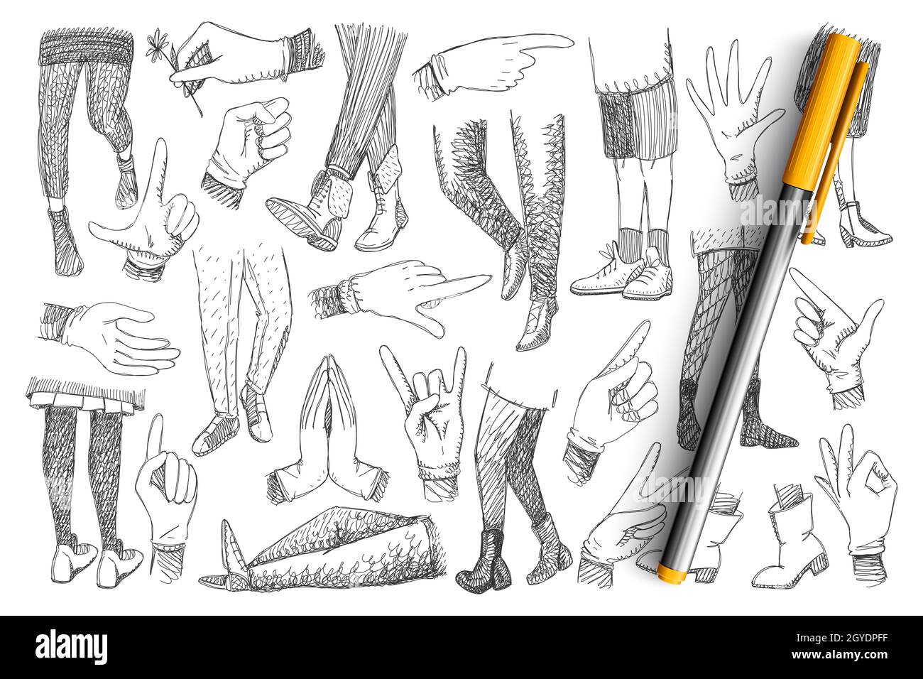 Legs and hands doodle set. Collection of hand drawn human hands ...