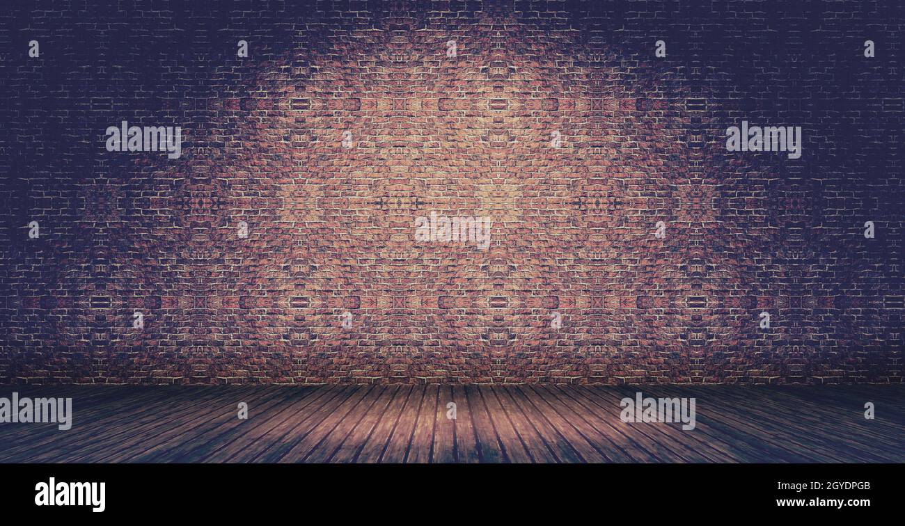 3D render of a grunge interior with old brick wall and wooden floor ...
