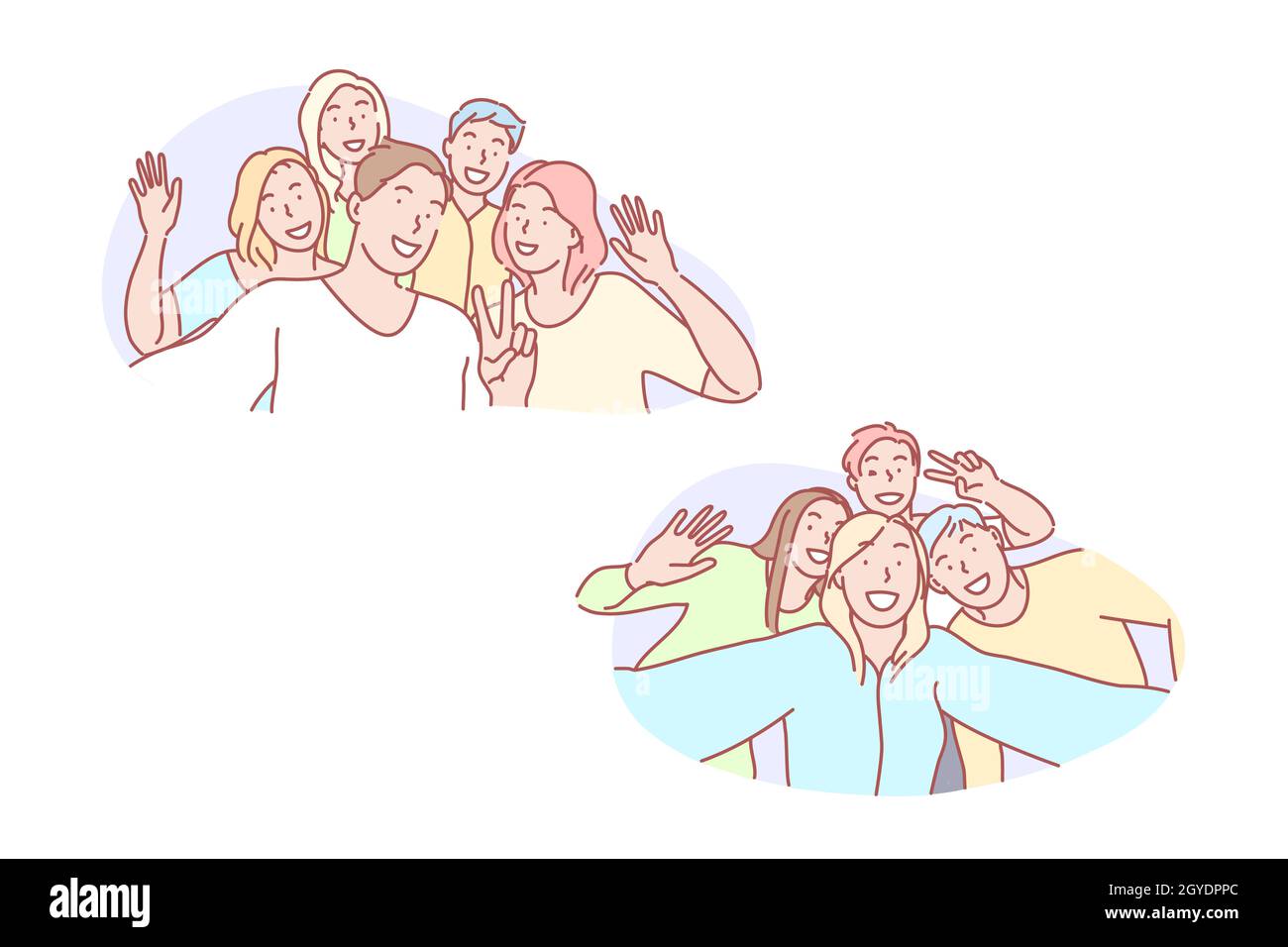 Selfie, friend, together, joy, photo, set. Young mates gathering for ...
