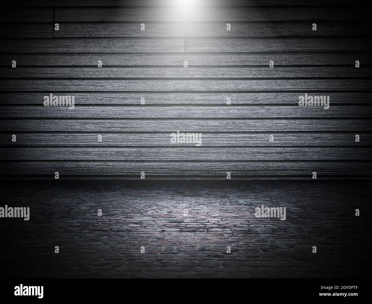 3D render of a grunge room interior with wooden wall and stone floor ...