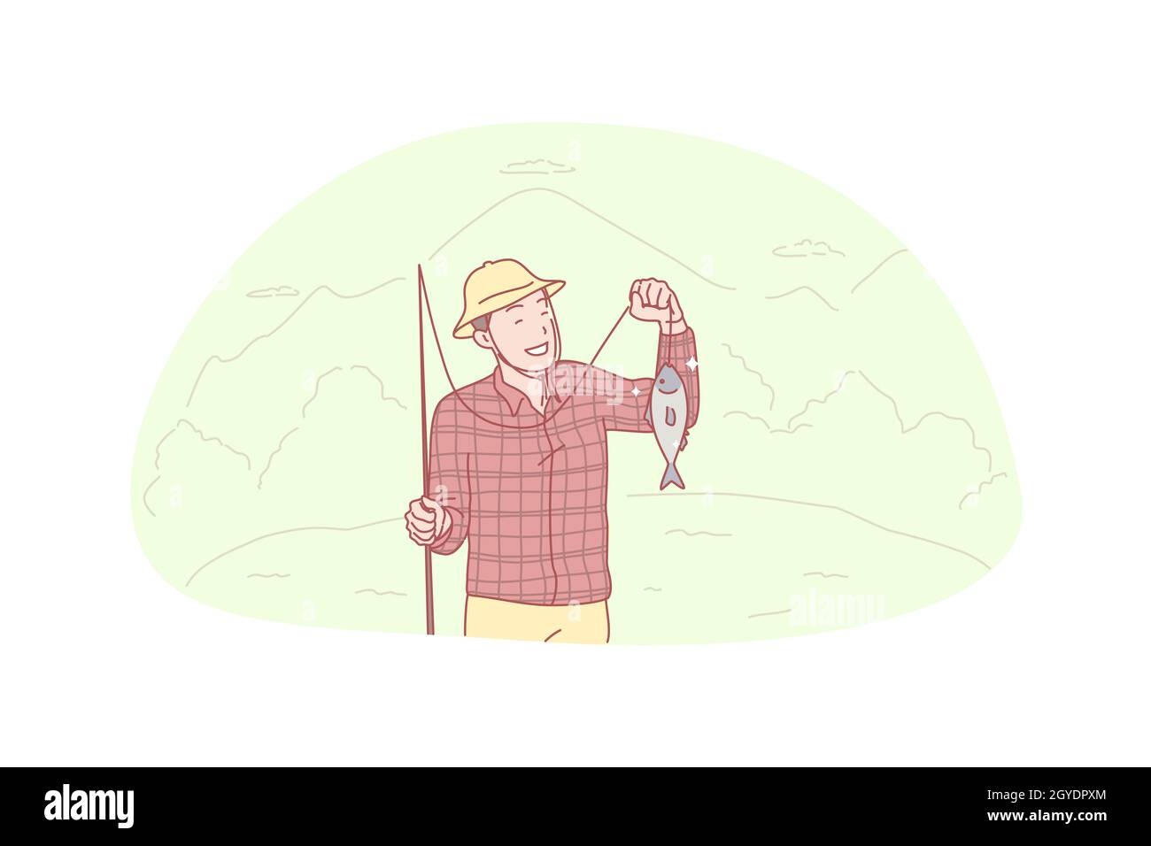 Fisherman, fishing, catch, hobby concept. Young smiling fisherman ...