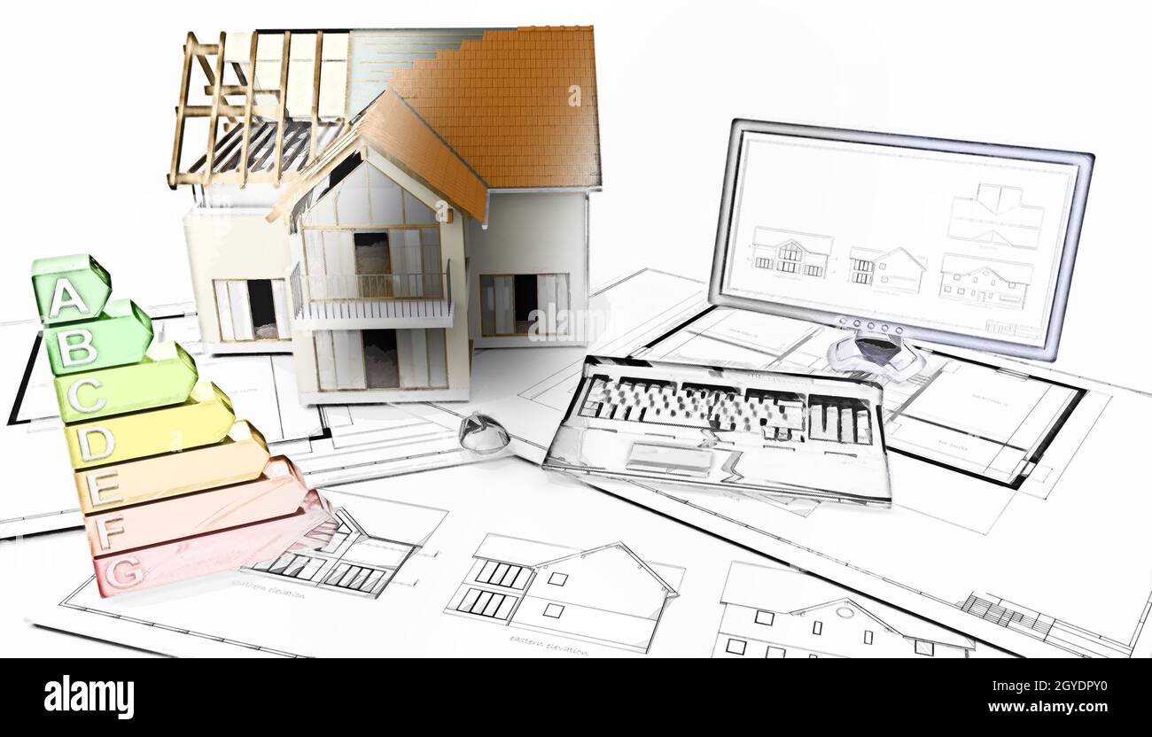 3D render of a half built house on plans with half in sketch phase ...
