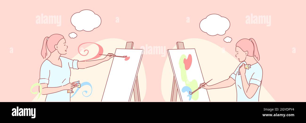 Art, artist, painting, creative set concept. Young satisfied artist is ...