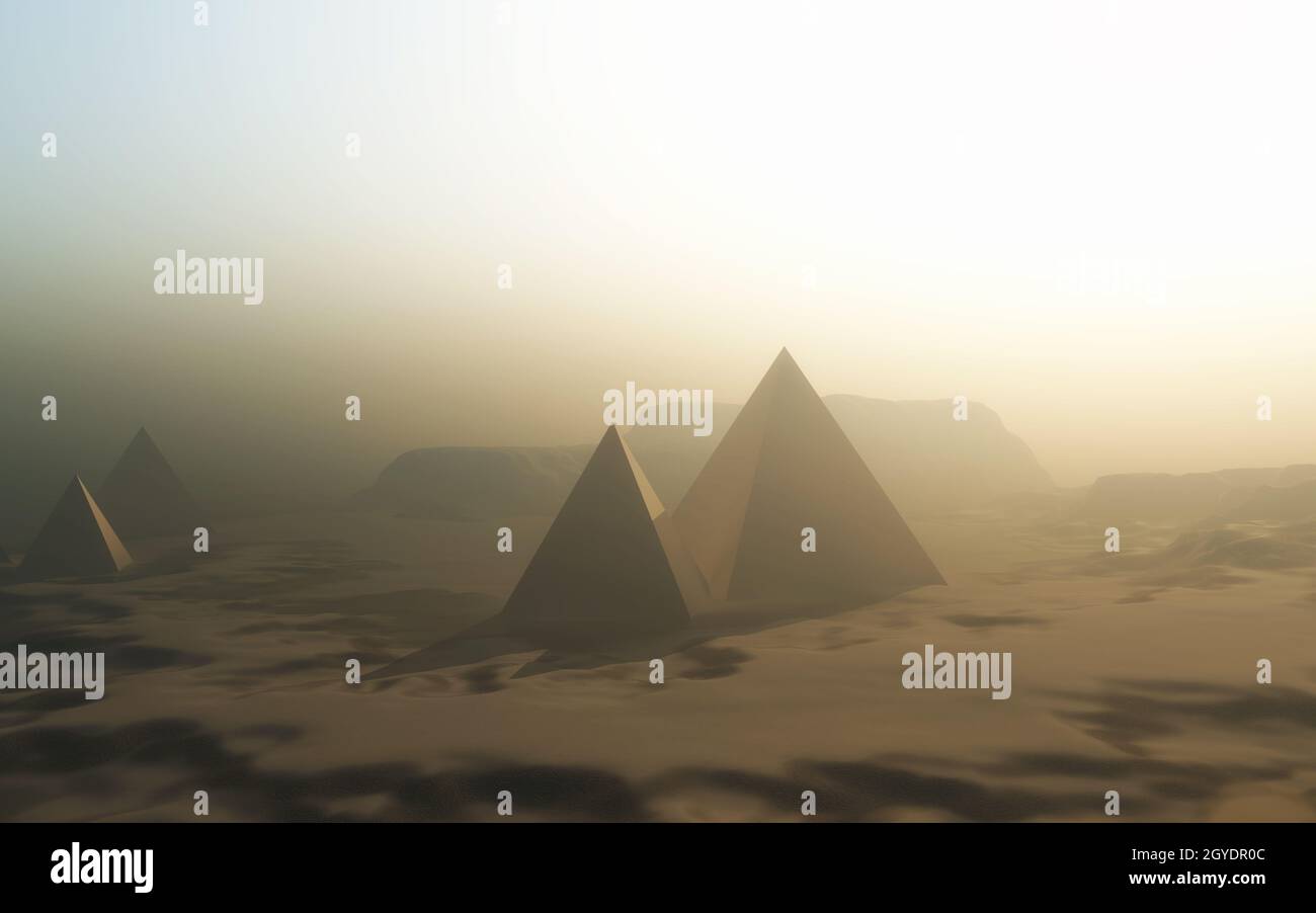 3D render of a landscape with pyramids in desert Stock Photo - Alamy