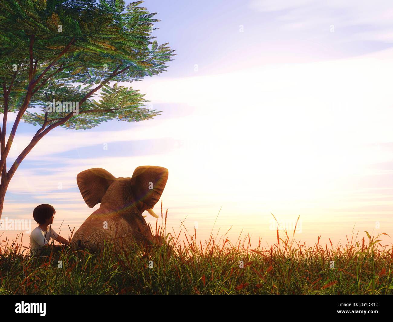 3D render of a landscape with boy and baby elephant sat under a tree ...