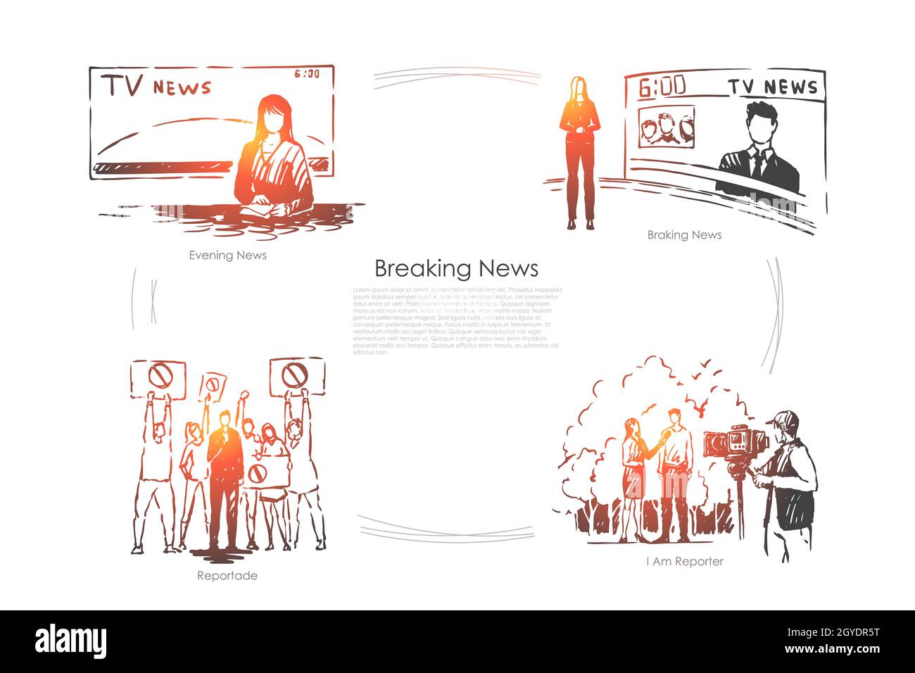 Evening television program, female newscaster, reporter taking ...