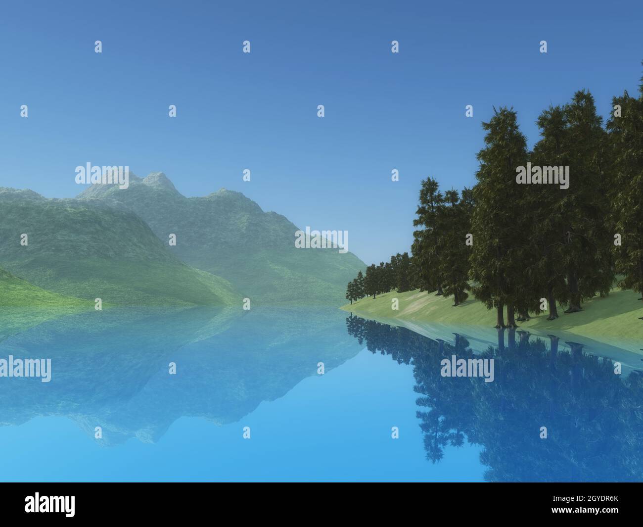 3D render of a landscape with trees and mountains at a lake side Stock ...