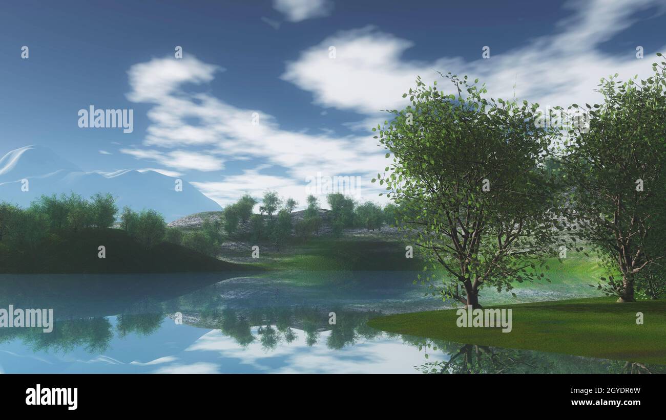 3D render of a landscape with trees on hills alongside river Stock ...