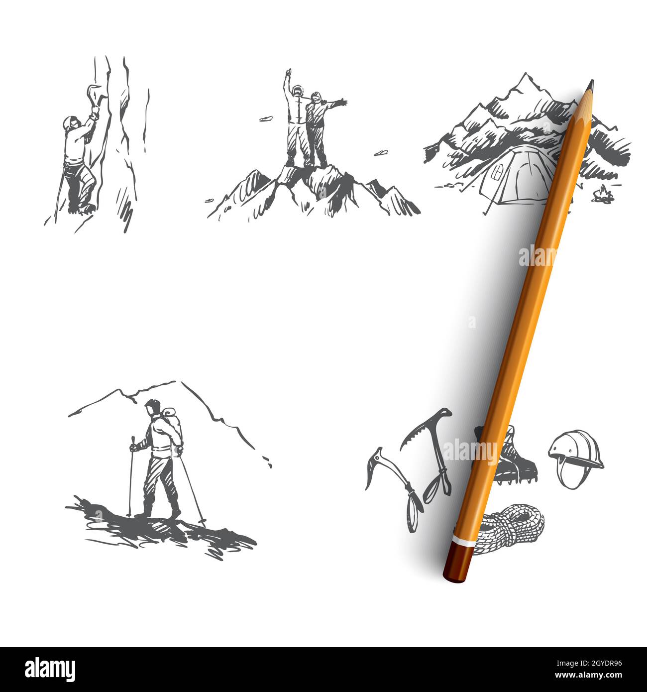 Mountaineering - sportsmen climbing mountains, camping and special ...