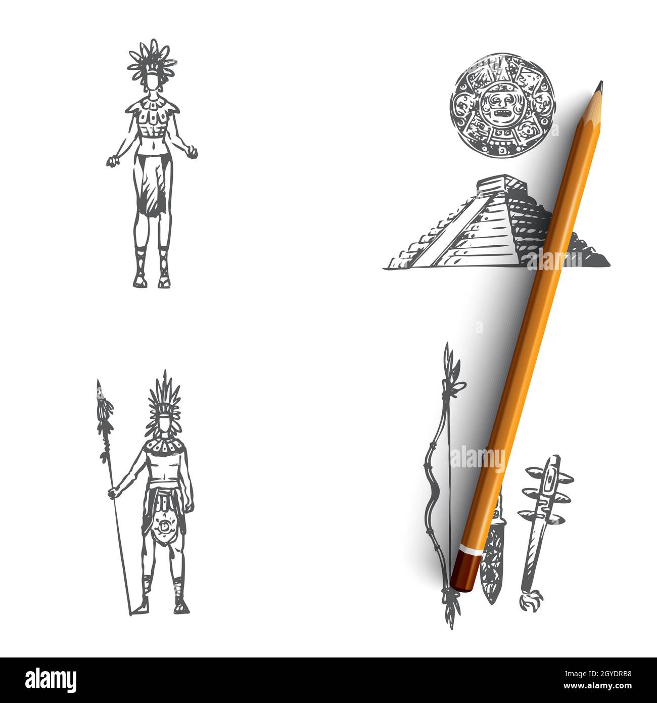 Maya civilization - Maya people, tools and pyramid vector concept set ...