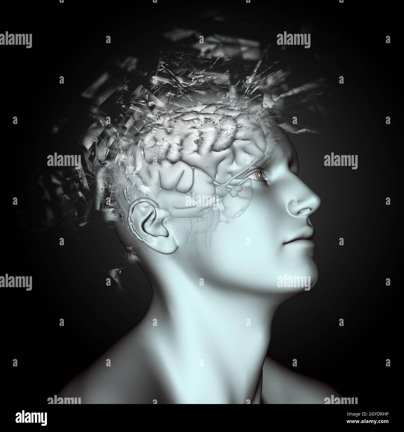 3D render of a male figure with shatter effect on head and brain ...