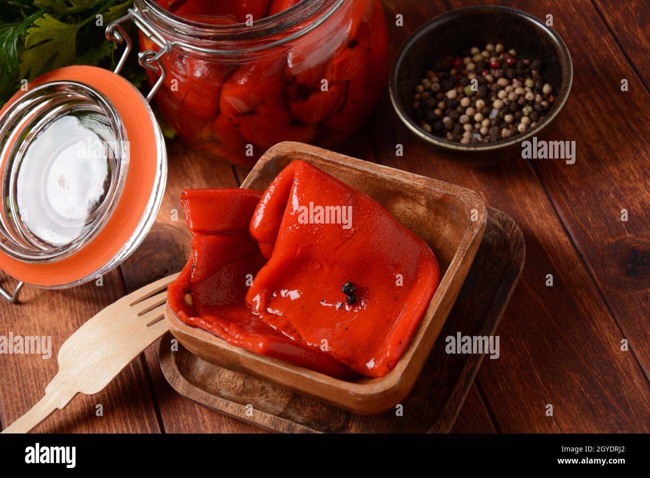 Delicious sweet red pepper pickles. Preserved, marinated red sweet ...
