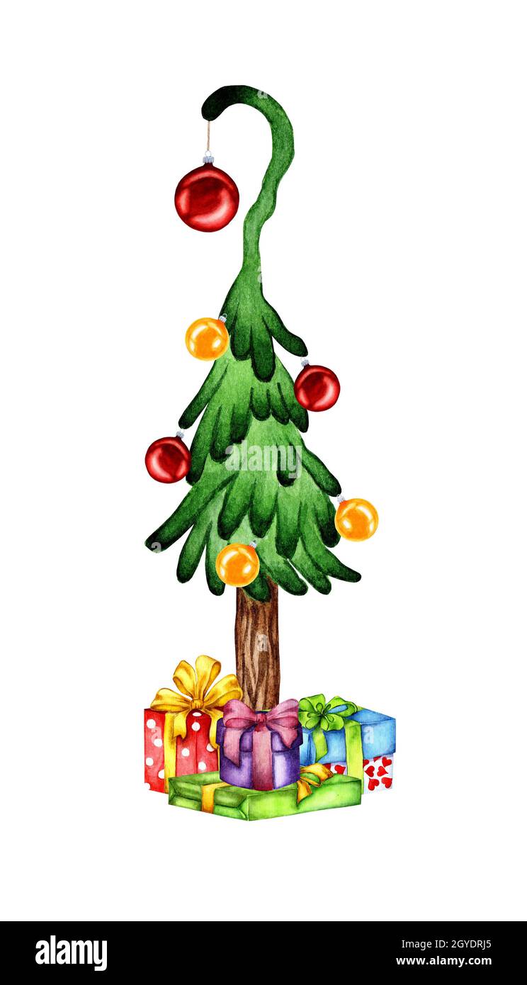 Watercolor comic Christmas tree decorated with red and yellow balls ...