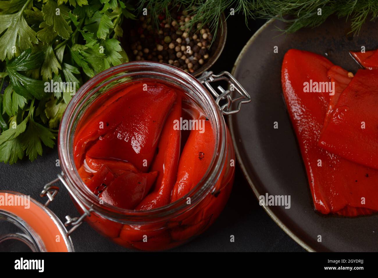 Delicious sweet red pepper pickles. Preserved, marinated red sweet ...