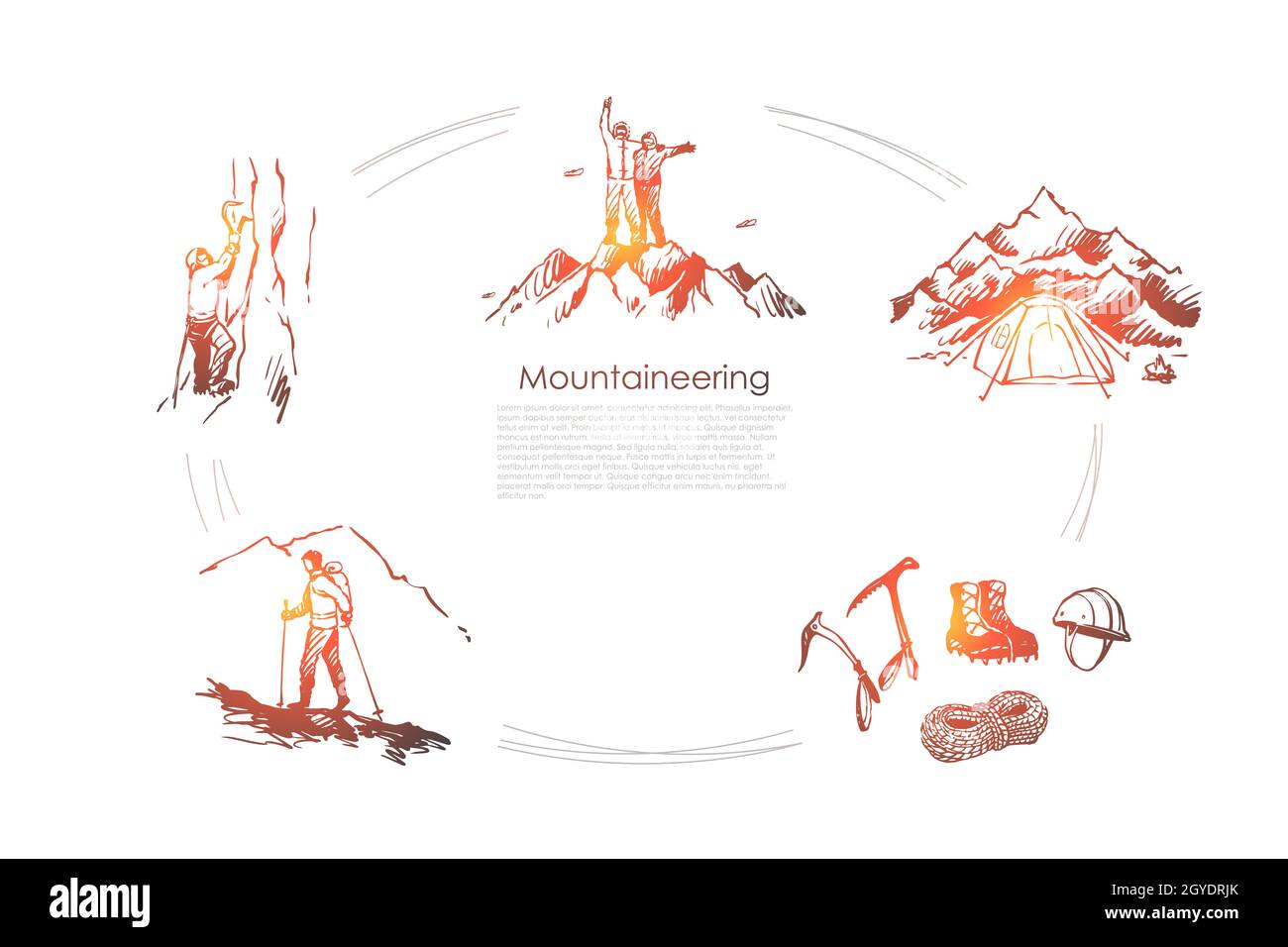 Mountaineering - sportsmen climbing mountains, camping and special ...