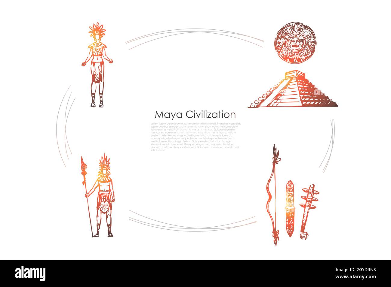 Maya civilization - Maya people, tools and pyramid vector concept set ...