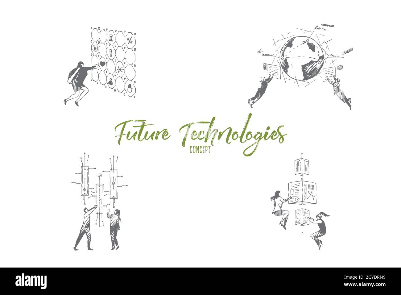 Future technologies - people pushing buttons, looking at screens and ...