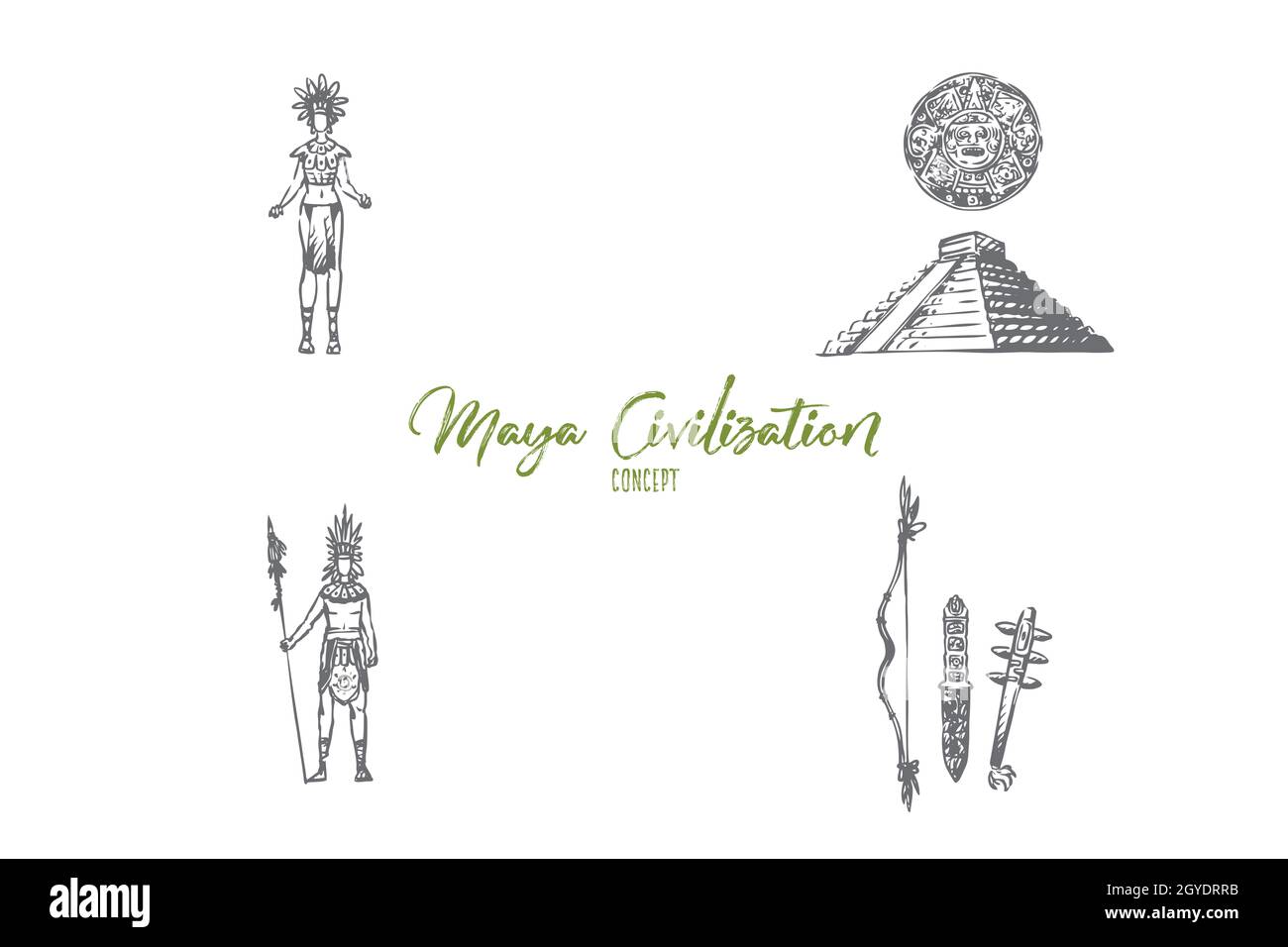 Maya civilization - Maya people, tools and pyramid vector concept set ...