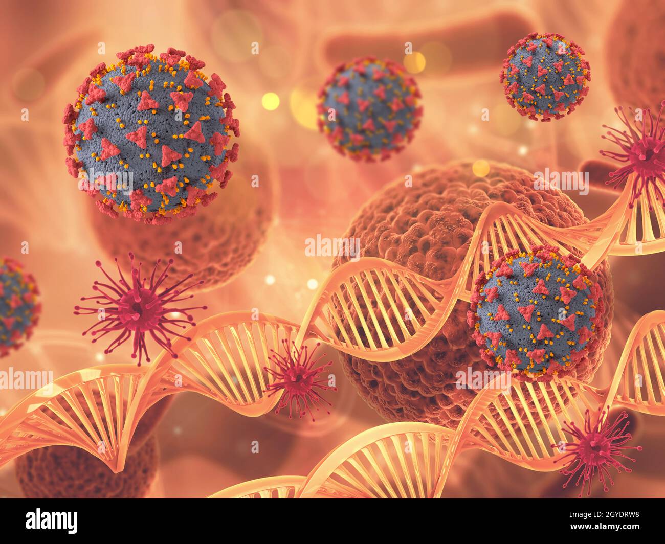 3D render of a medical background with Covid 19 virus cells and DNA ...