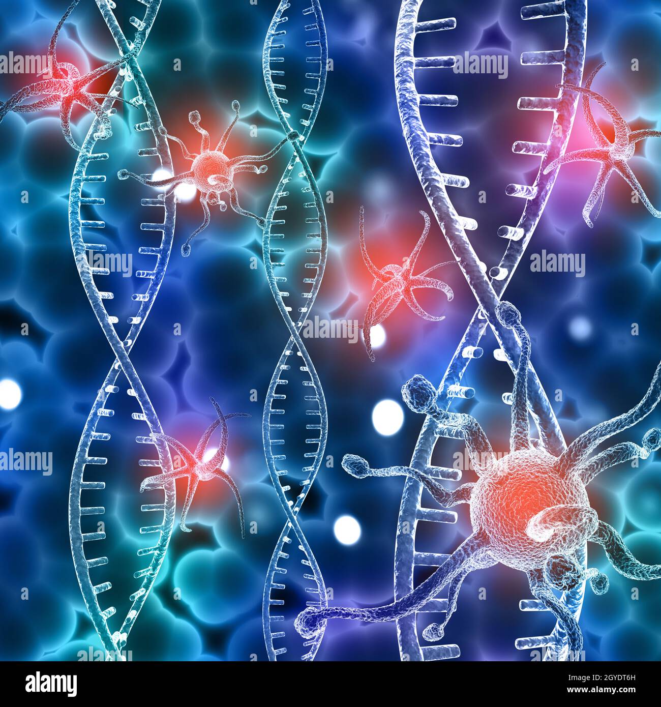 3D render of a medical background with DNA strands and abstract virus ...