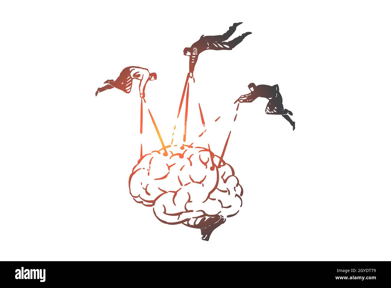 Manipulating human thinking, propaganda concept sketch. People pulling ...