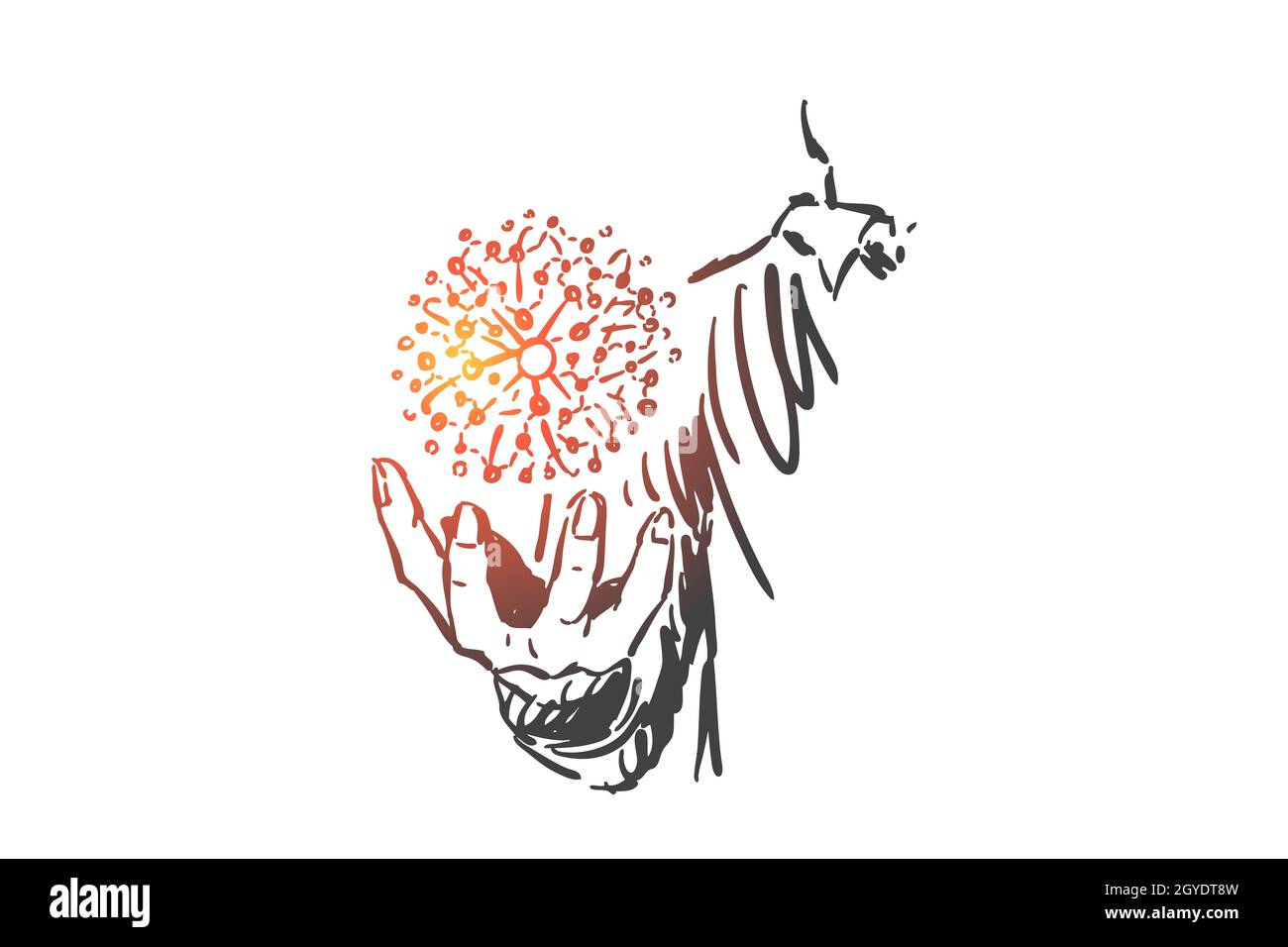 Scientific research, physics concept sketch. Scientist hand holding ...