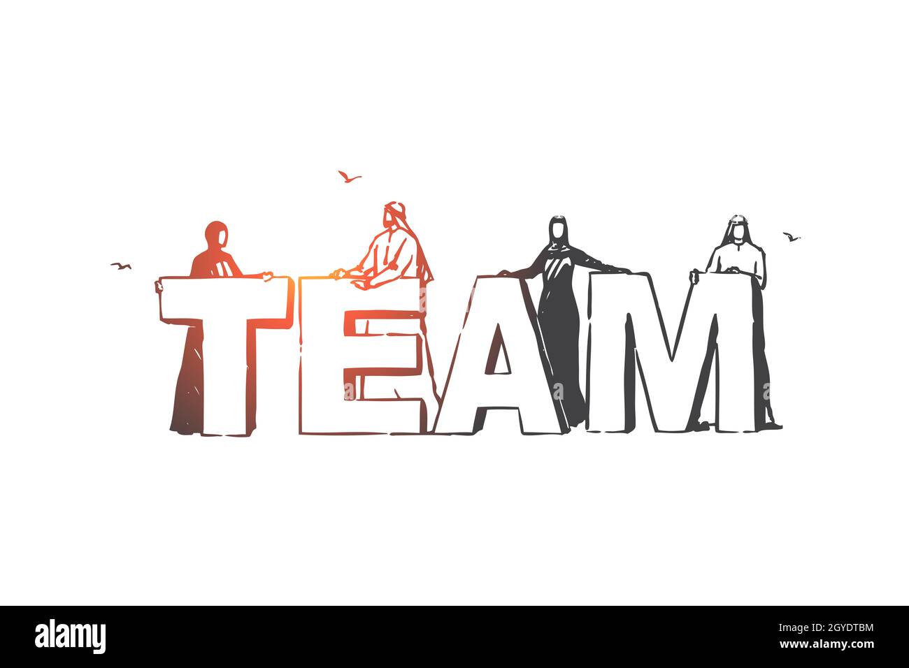 Teamwork, cooperation, partnership concept sketch. Professional arab ...