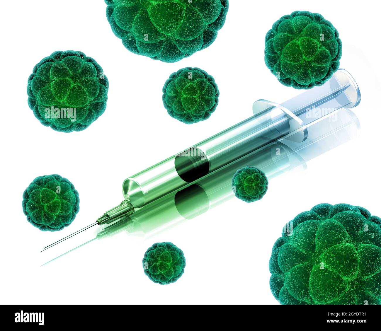 3D render of a medical background with abstract virus cells and syringe ...