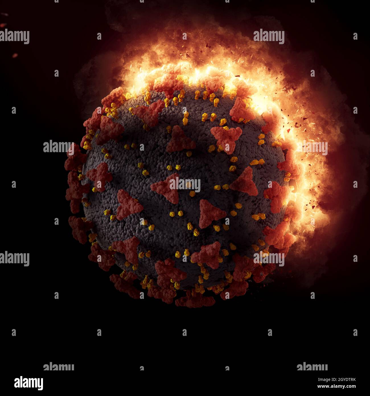 3D render of a medical background with exploding Covid 19 virus cell ...