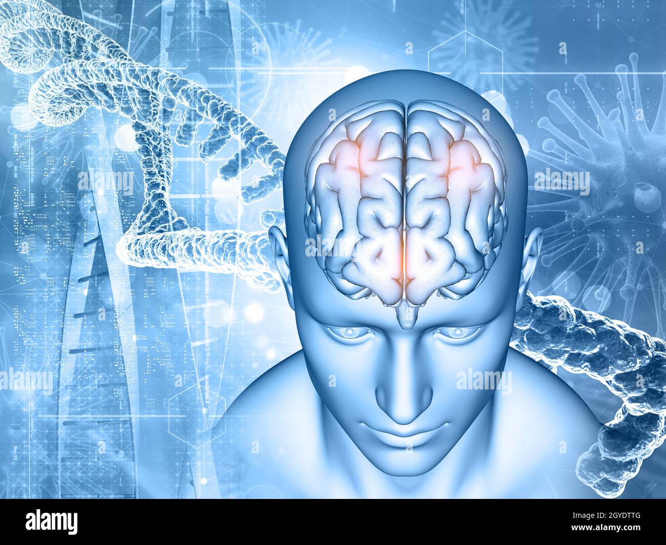 3D render of a medical background with male and brain, DNA strands and ...