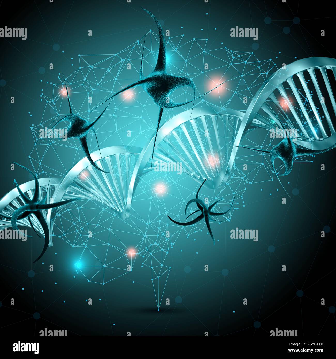 3D render of a medical background with low poly brain, DNA strands and ...