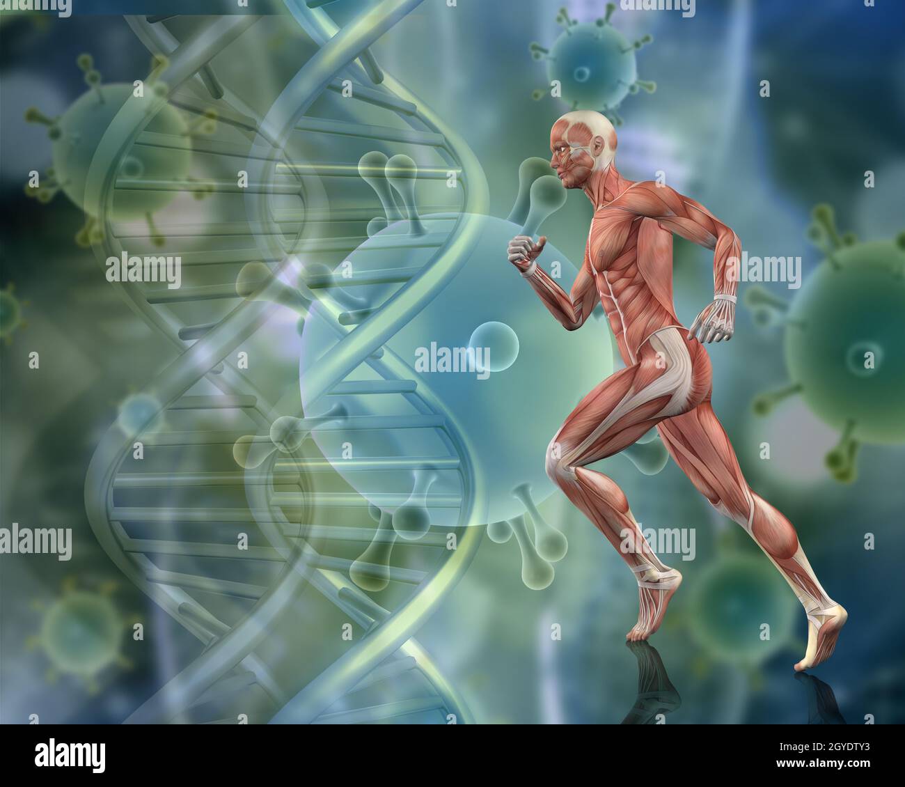 3D render of a medical background with running man with DNA strands and ...