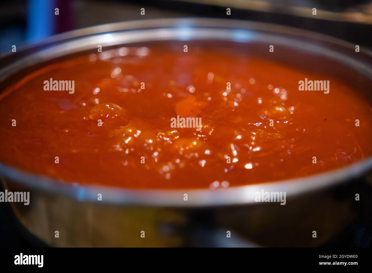 Delicious traditional Mexican pozole boiling in cooking pot Stock Photo ...