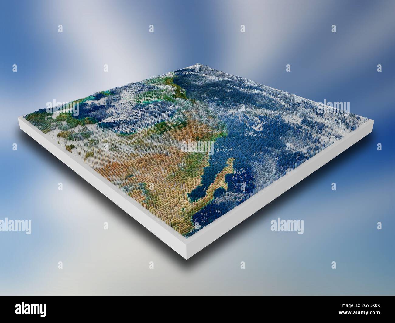 3D render of a pixelated landscape block with extruding cubes Stock ...