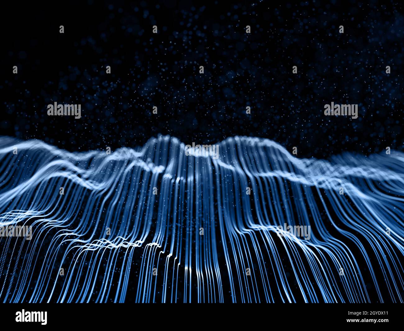3D render of a network communications background with flowing network lines and cyber particles ...
