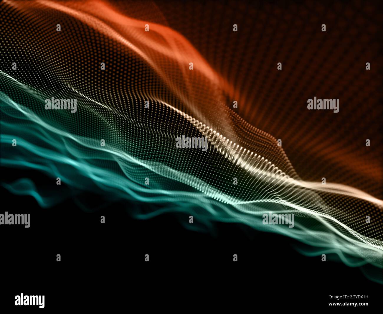 3D render of a network communications with flowing cyber particles ...